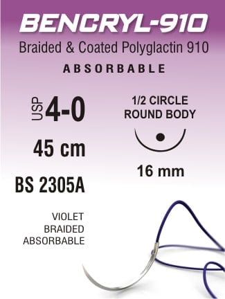 Bencryl-910 Absorbable, 4-0, 45cm, 1/2 circle Round Body 16mm needle ...